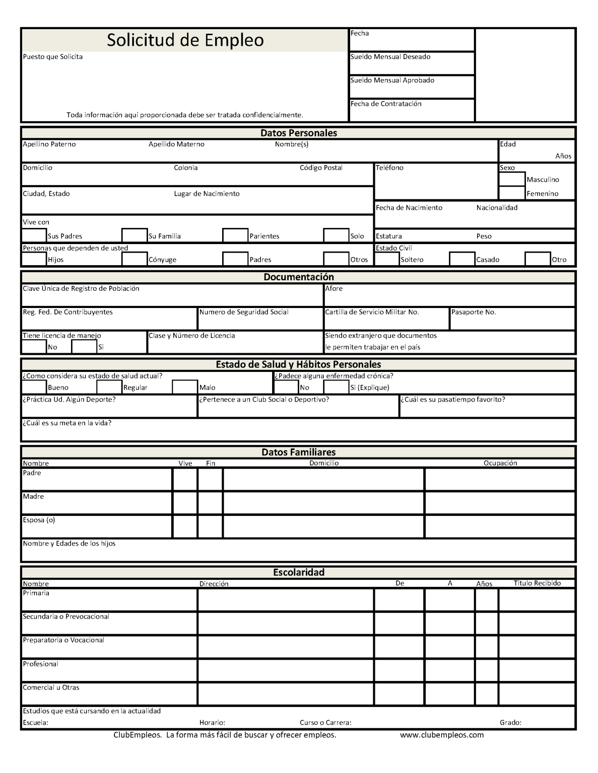 Formato de solicitud de empleo excel | ClubEmpleos